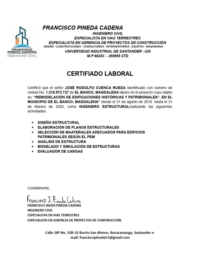 Certificado Laboral Del INGENIERO ESTRUCTURAL | PDF