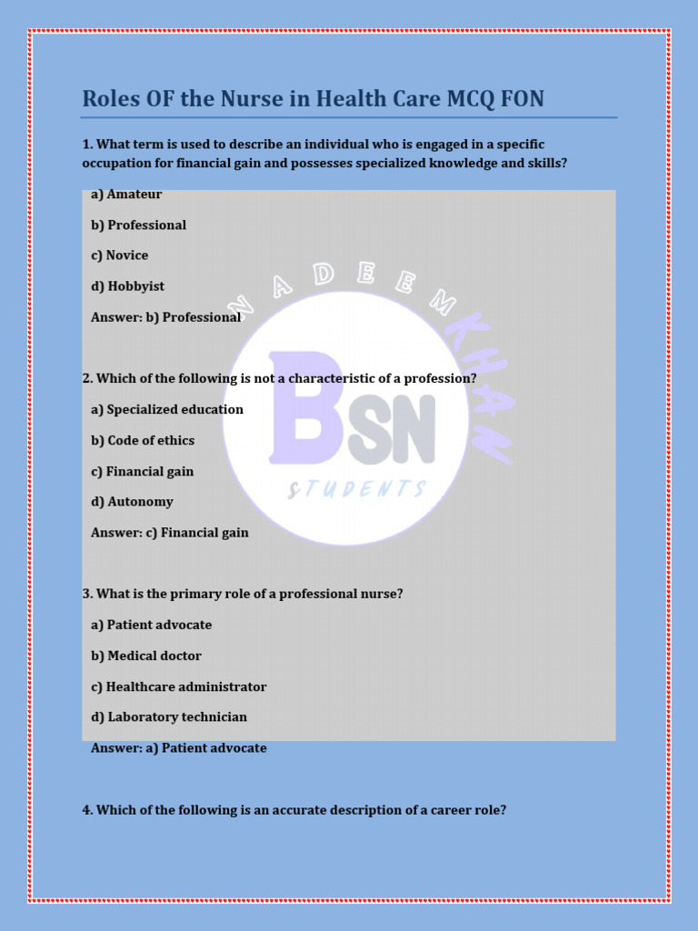 Roles of The Nurse in Health Care MCQ Fon by Nadeem Khan | PDF | Profession | Health Care