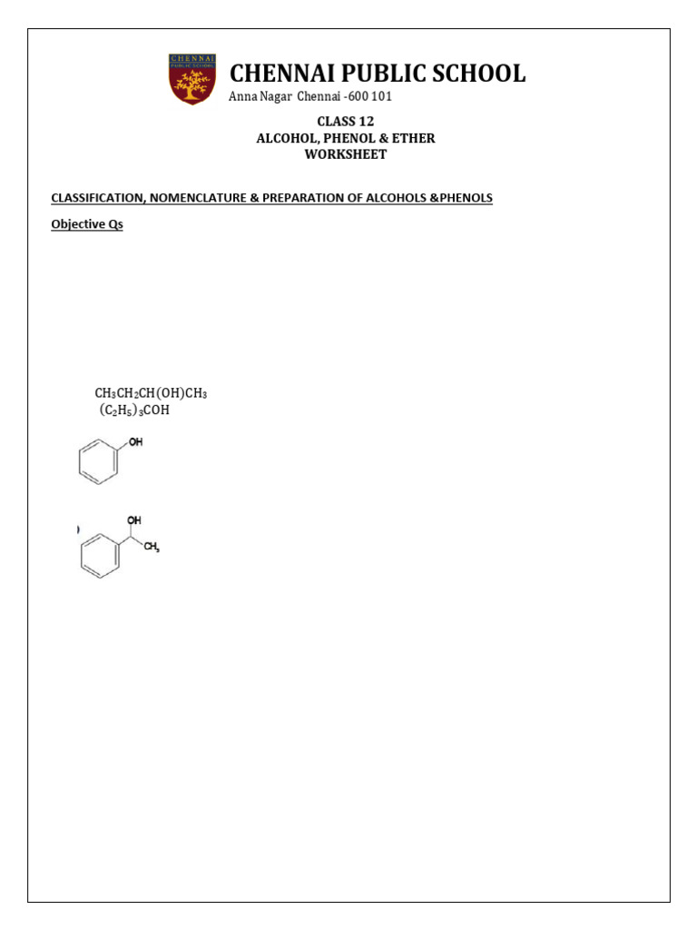 Alcohols, Phenols and Ethers Worksheet | PDF | Chemical Reactions | Ethanol