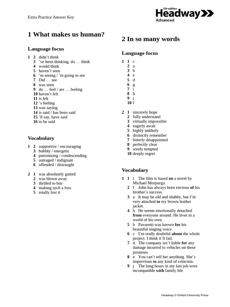 Headway Advanced Extra Practice Answer Key | PDF