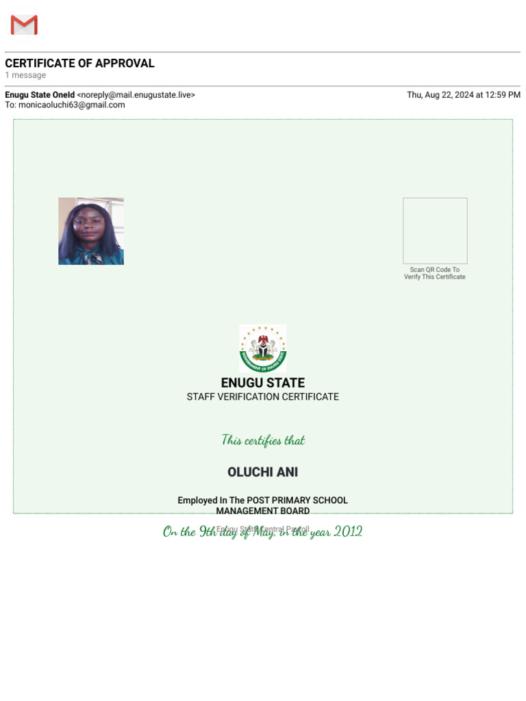 Gmail - Certificate of Approval | PDF