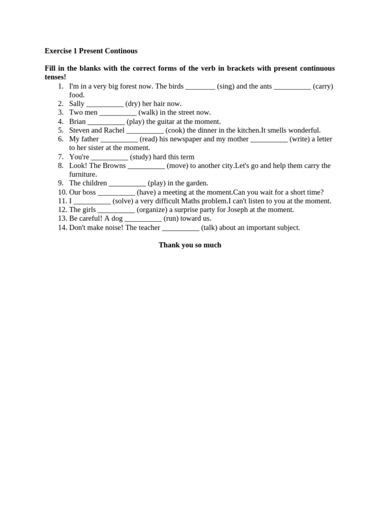 Exercise 1 Present Continous for Class 1D | PDF
