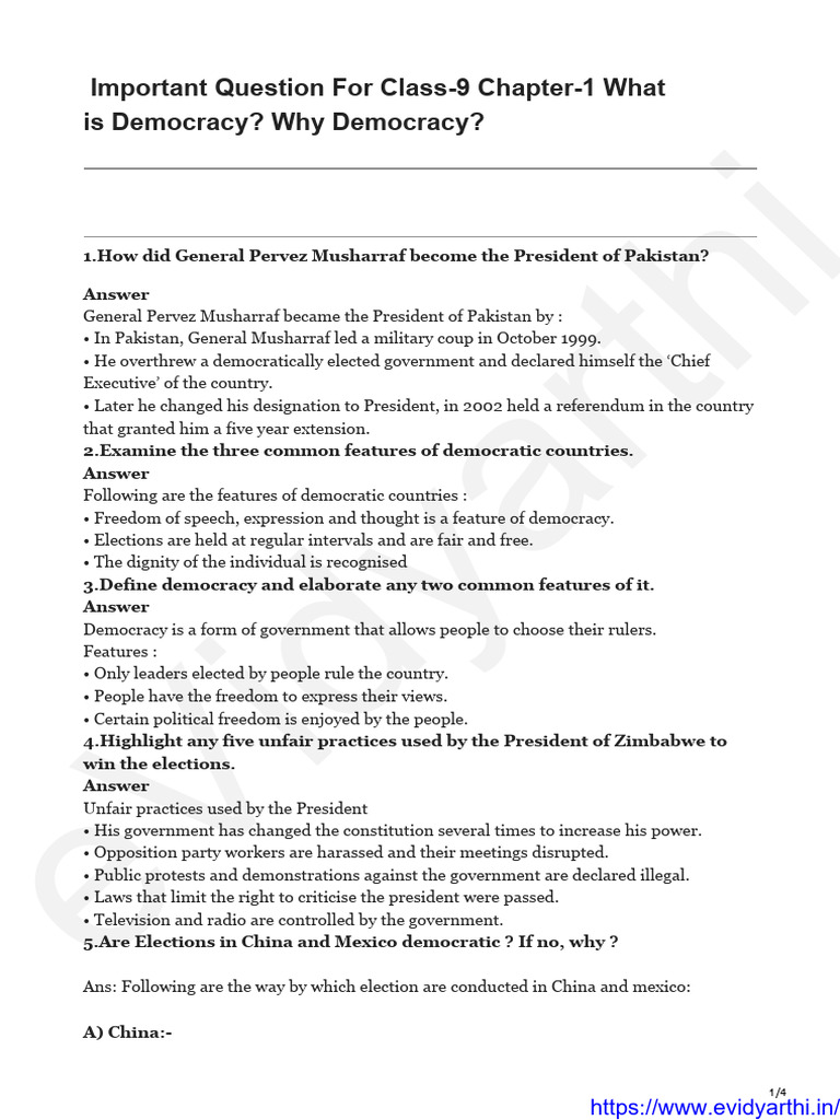 Important Question Cbse Class 9 Civics Chapter 1 What Is Democracy | PDF