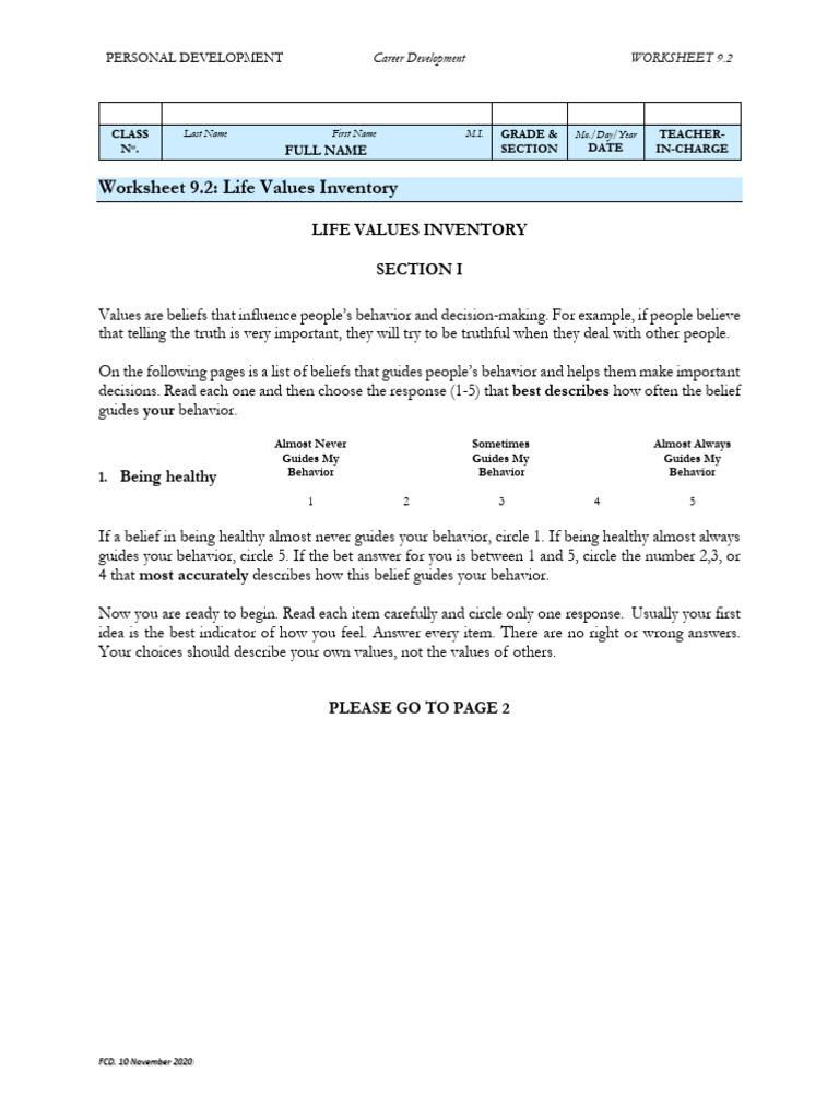 WS - 9.2 Life Values Inventory | PDF