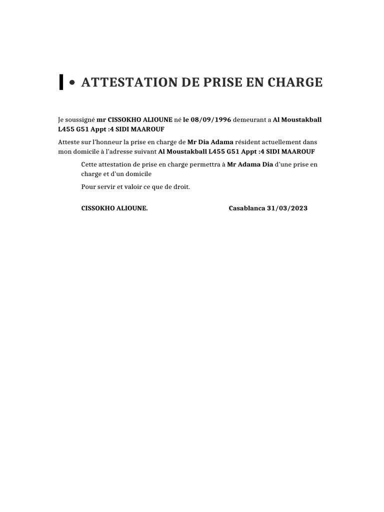Attestation de Prise en Charge | PDF