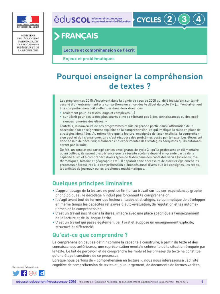 Eduscol - Pourquoi Enseigner La Compréhension | PDF