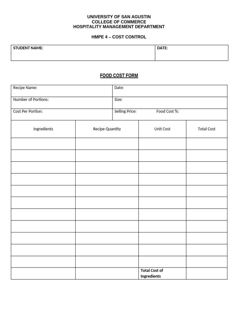 Food Cost Form | PDF