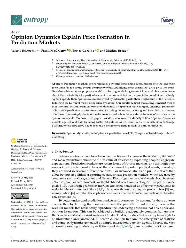 Opinion Dynamics Explain Price Formation in Prediction Markets | PDF