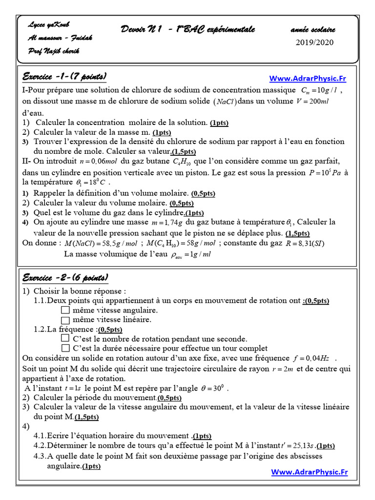 Controle 1 - 13 S1 PC 1bac FR | PDF