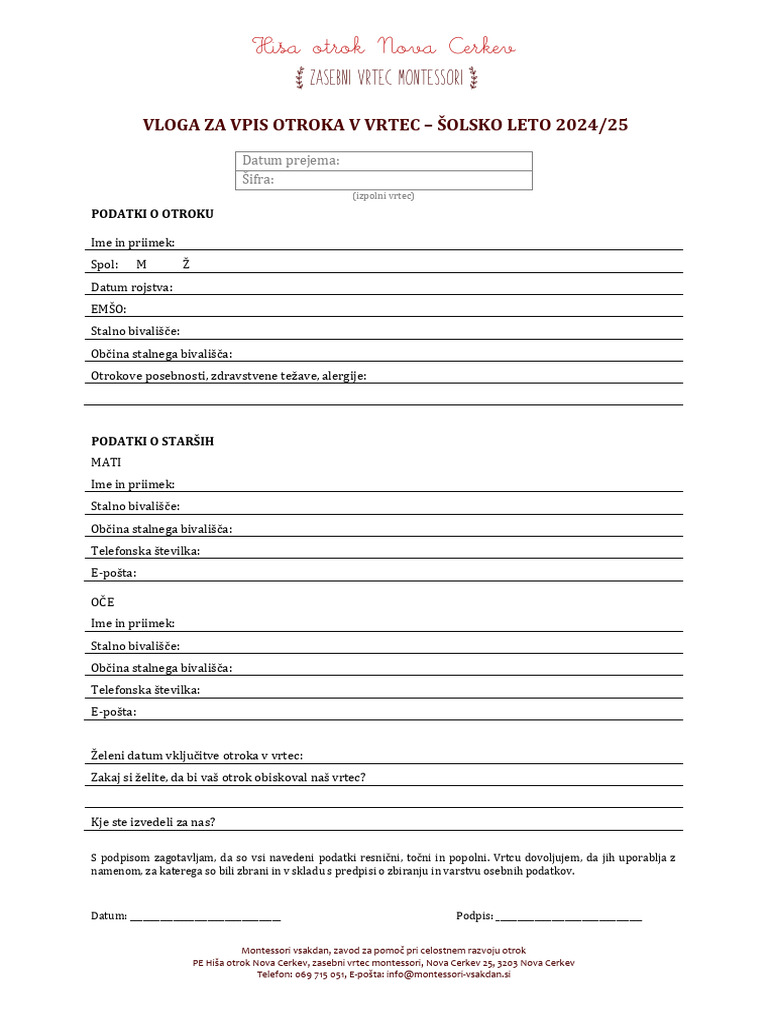 Vloga Za Vpis 2024 - 25 | PDF