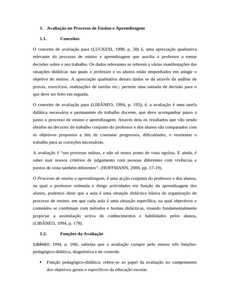 Avaliação No Processo de Ensino e Aprendizagem | PDF