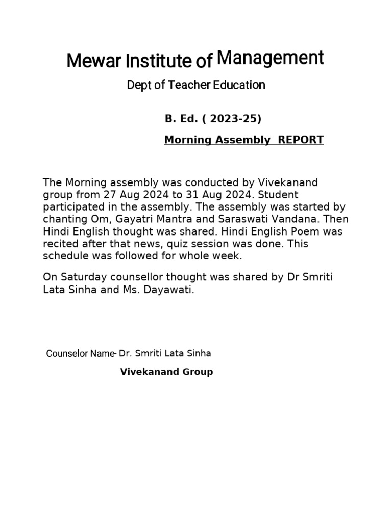 Morning Assembly Report: Aug 2024 | PDF | Religion & Spirituality