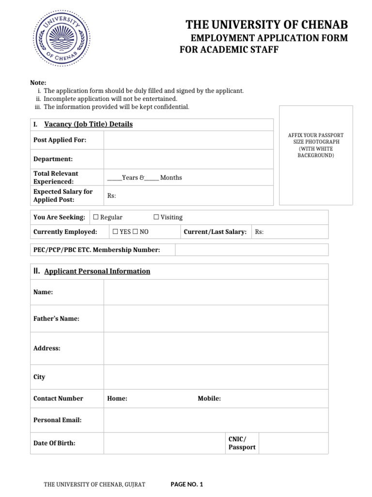 The University of Chenab Employment Application Form Academic Staff | PDF