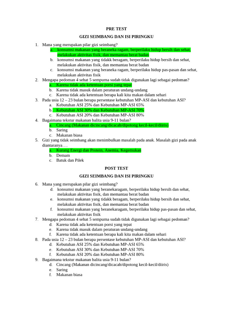 Prepost Materi Gizi Seimbang Isi Piringku | PDF