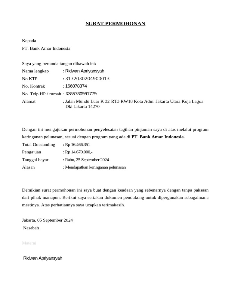 Permohonan Pelunasan (1) Ridwan | PDF