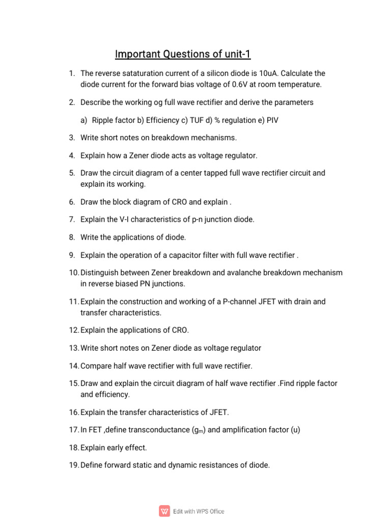 BASIC ELECTRONICS - Important Questions Unit 1-5 | PDF