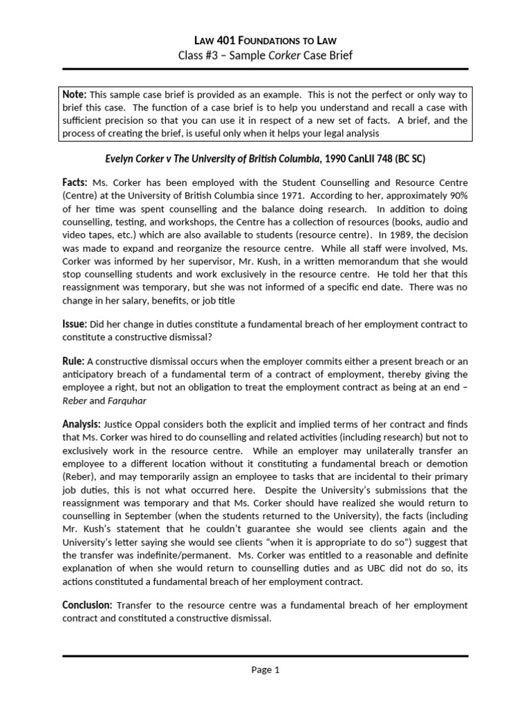 Class #3 Sample Corker Case Brief | PDF | Employment | Career & Growth
