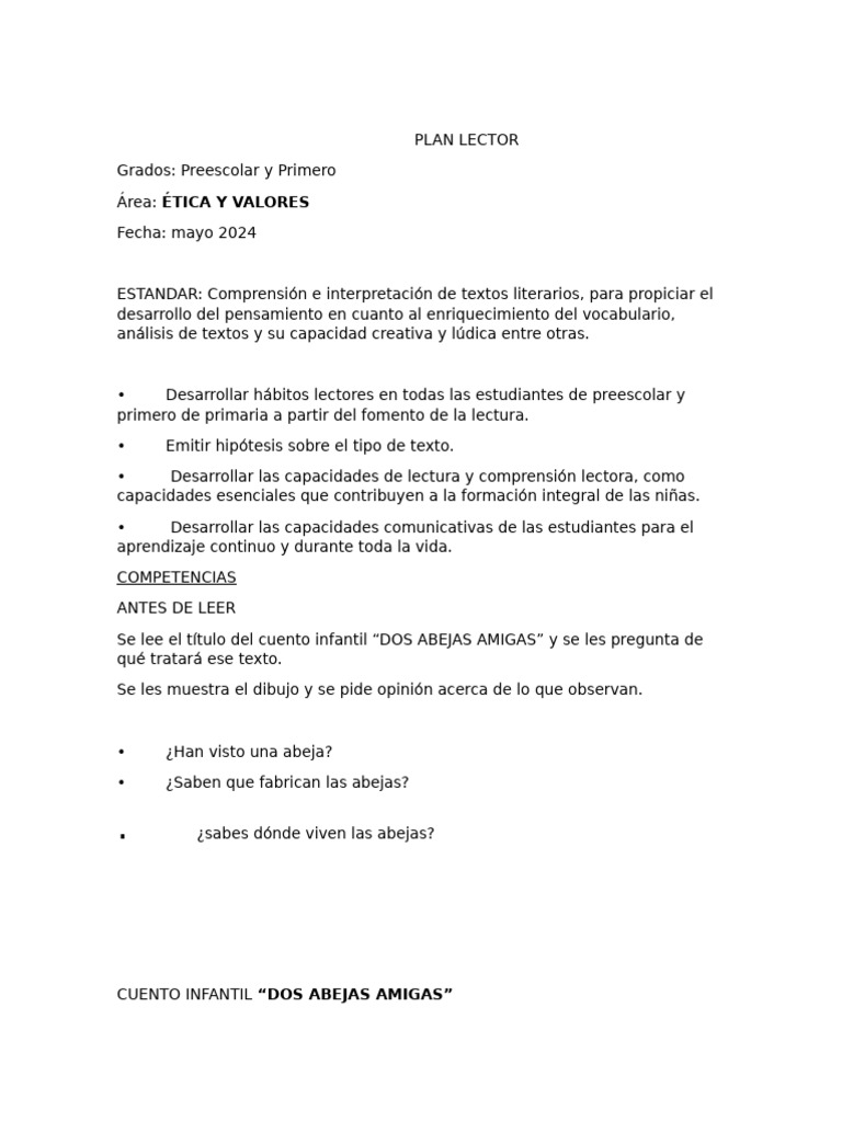 PLAN LECTOR dos abejas amigas | PDF