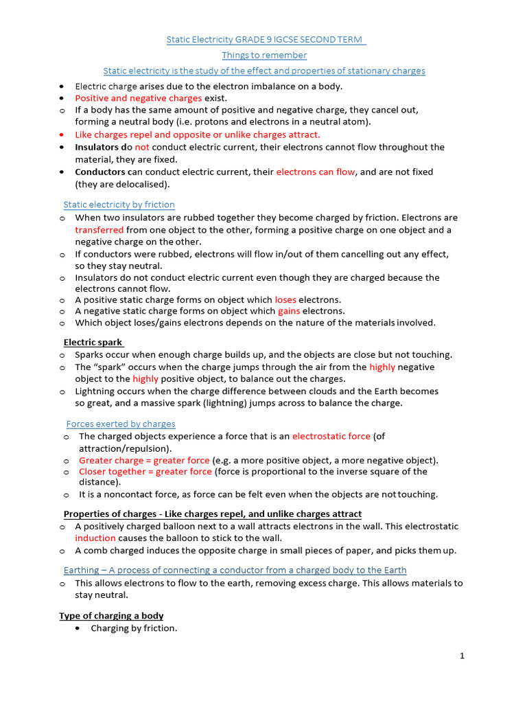 Static Electricity Notes Grade 9 | PDF