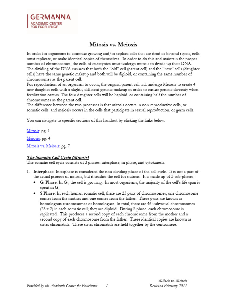 Mitosis Vs Meiosis | PDF
