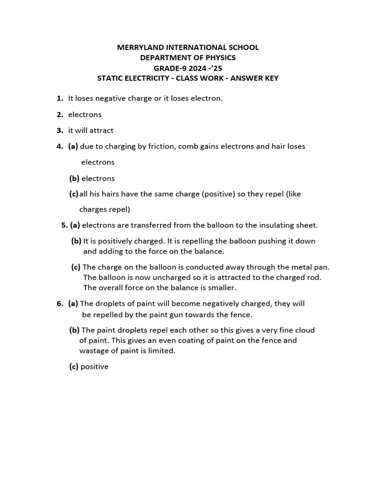 G9 Static Electricity Grade 9 Answer Key Updated | PDF