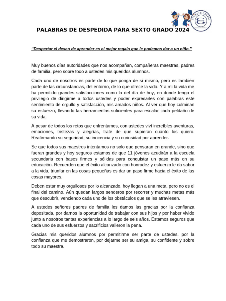 Palabras de Despedida Para Sexto Grado 2023 | PDF