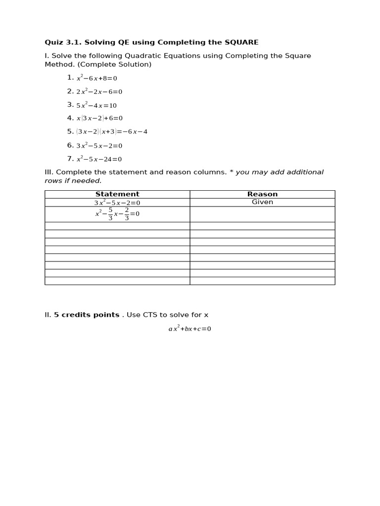 G9 Q1 W3 QUIZ SOLVNG by Completing The Square | PDF