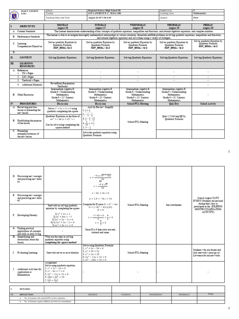 G9-DLL-Q1-W4-Solving QE by Quadratic Formula-Aug19-21 2025 | PDF