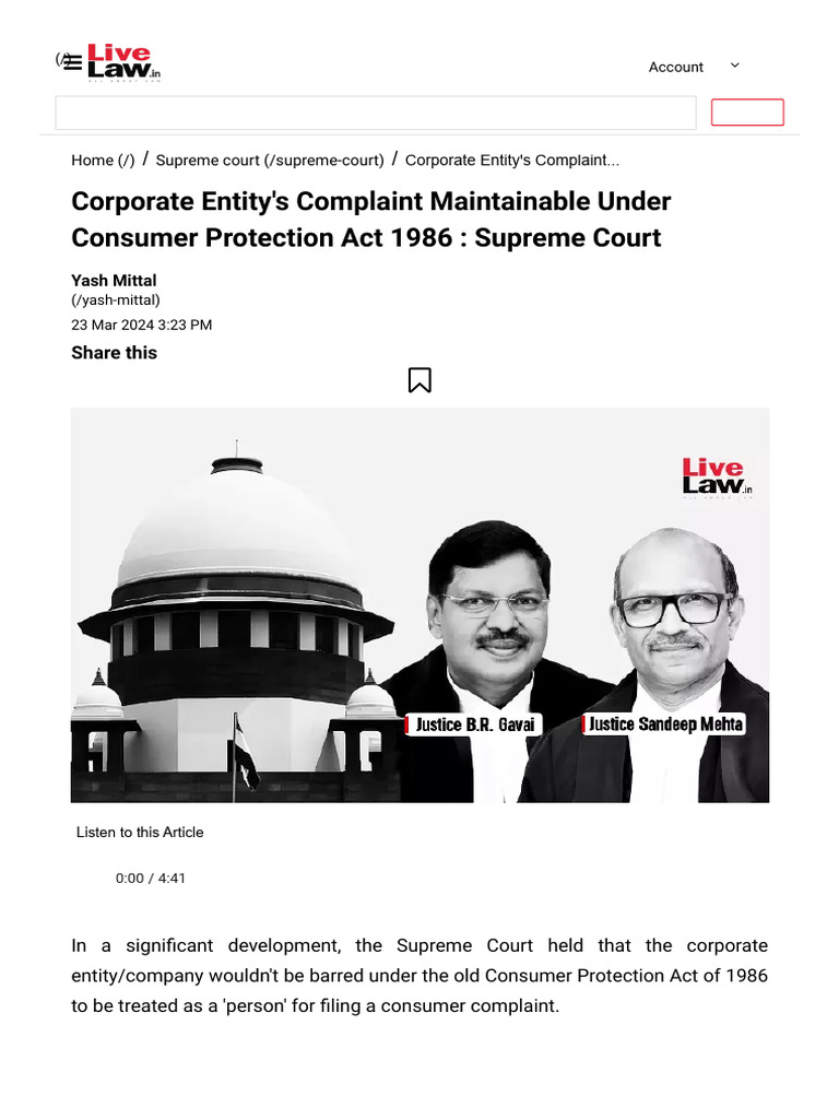 Corporate Entity's Complaint Maintainable Under Consumer Protection Act ...
