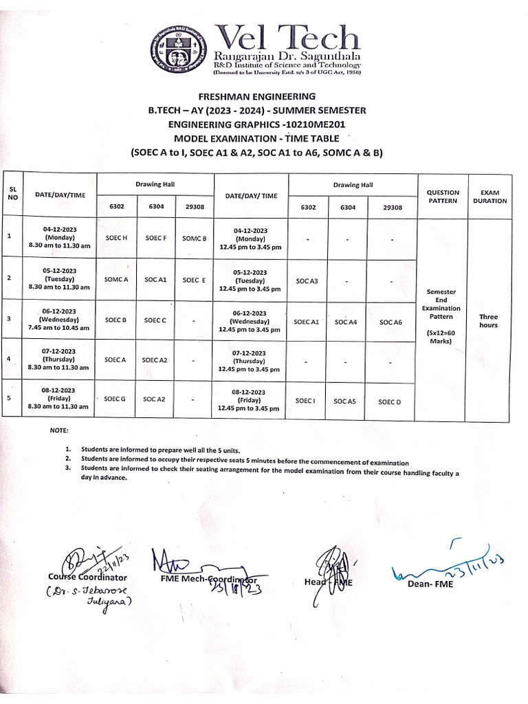 Engineering Graphics 10210ME201 - Model Examination Schedule | PDF