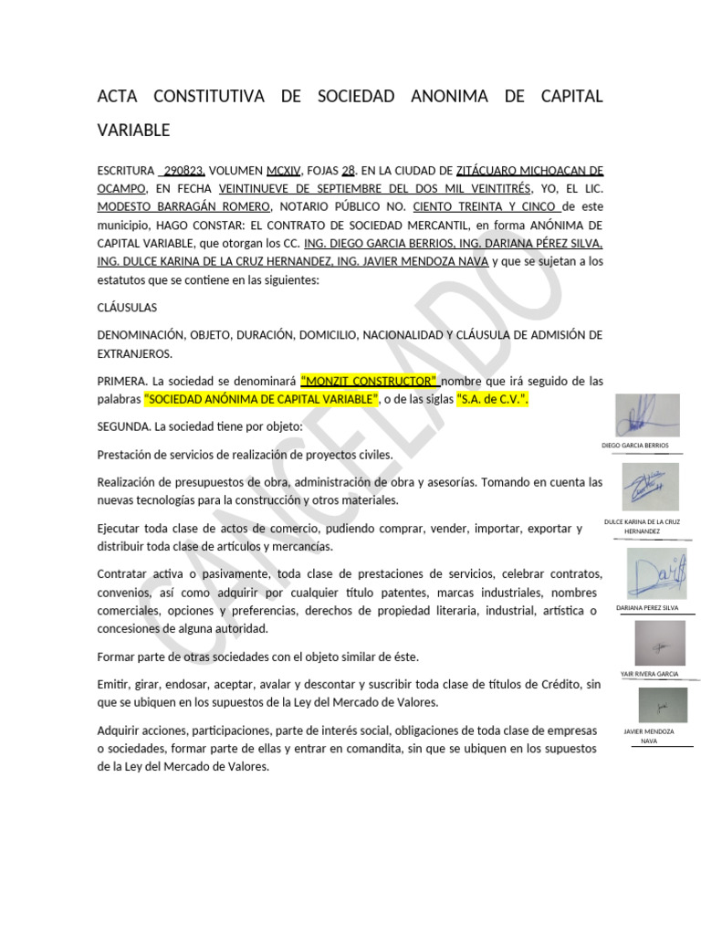 Formato de Acta Constitutiva de Sociedad Anonima de Capital Variable Monzit 1 | PDF