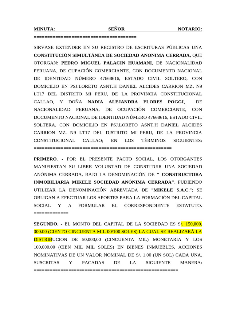 Minuta de Constituciòn de Empresa Sac | PDF | Bancos
