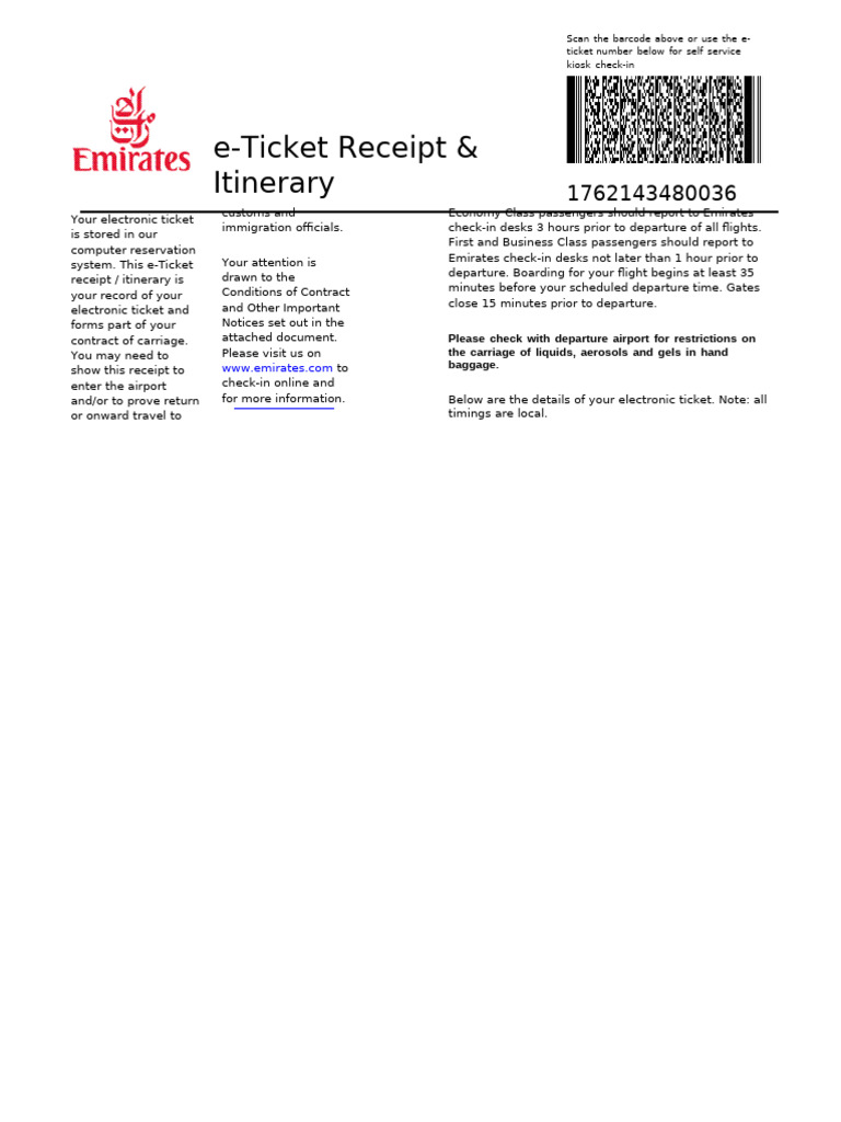 Emirates Airlines E-Ticket | PDF | Civil Aviation | Airlines