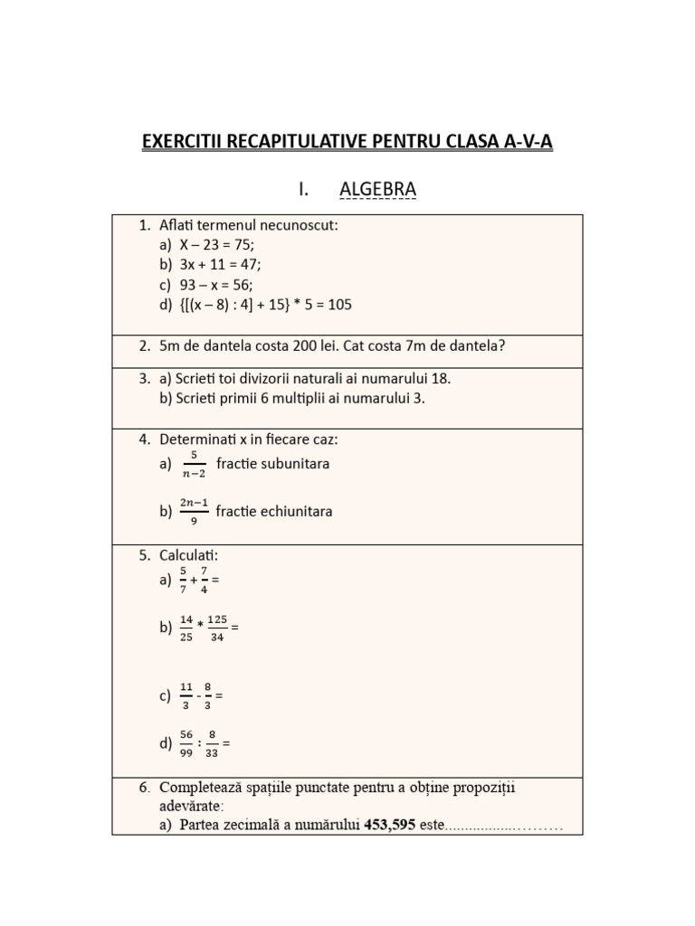 Exercitii Recapitulative Pentru Clasa Ava | PDF