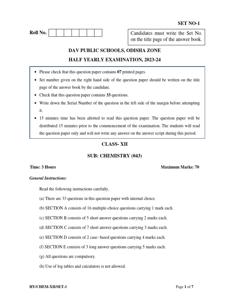 CLASS XII CHEM Set 1 QP Dav | PDF