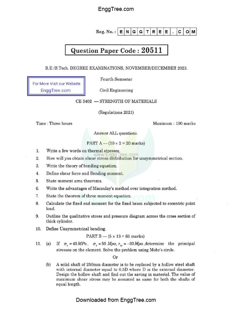 CE3402 Strength of Materials Nov Dec 2023 Question Paper Download | PDF