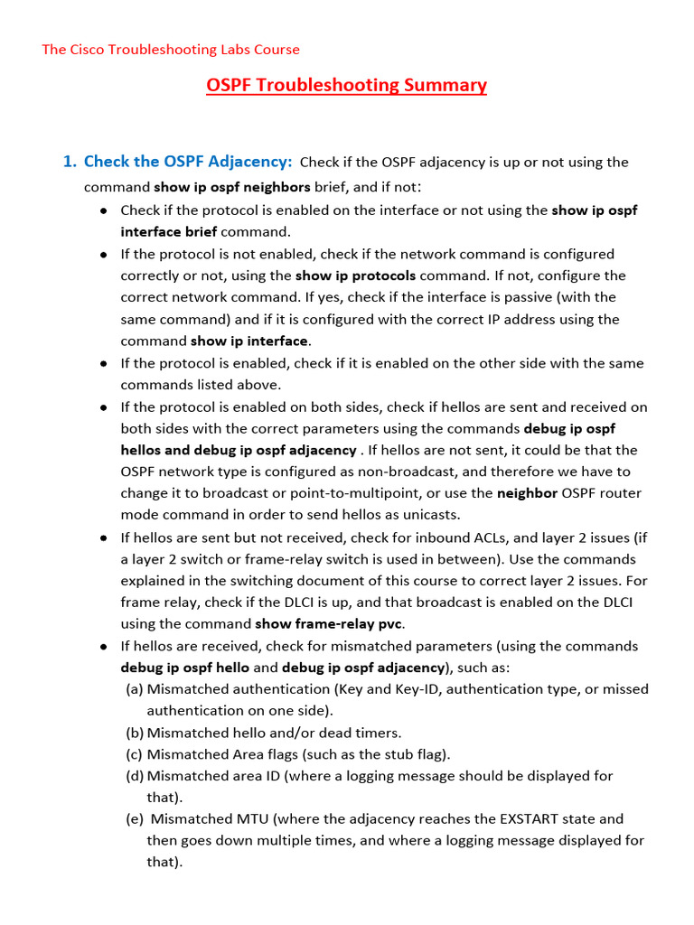 OSPF Troubleshooting Summary | PDF