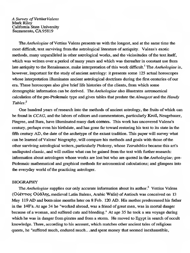 A Survey of Vettius Valens Mark Riley | PDF