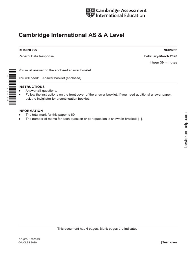 Cambridge International AS & A Level: Business 9609/22 | PDF