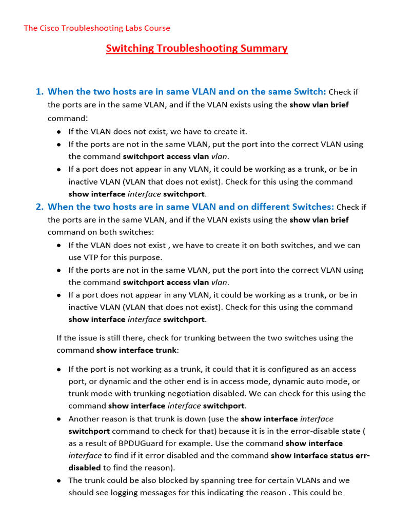 Switching Troubleshooting Summary | PDF
