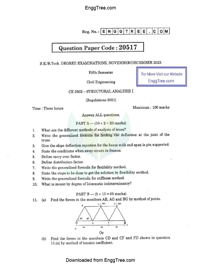 CE3502 Structural Analysis I Nov Dec 2023 Question Paper Download | PDF ...