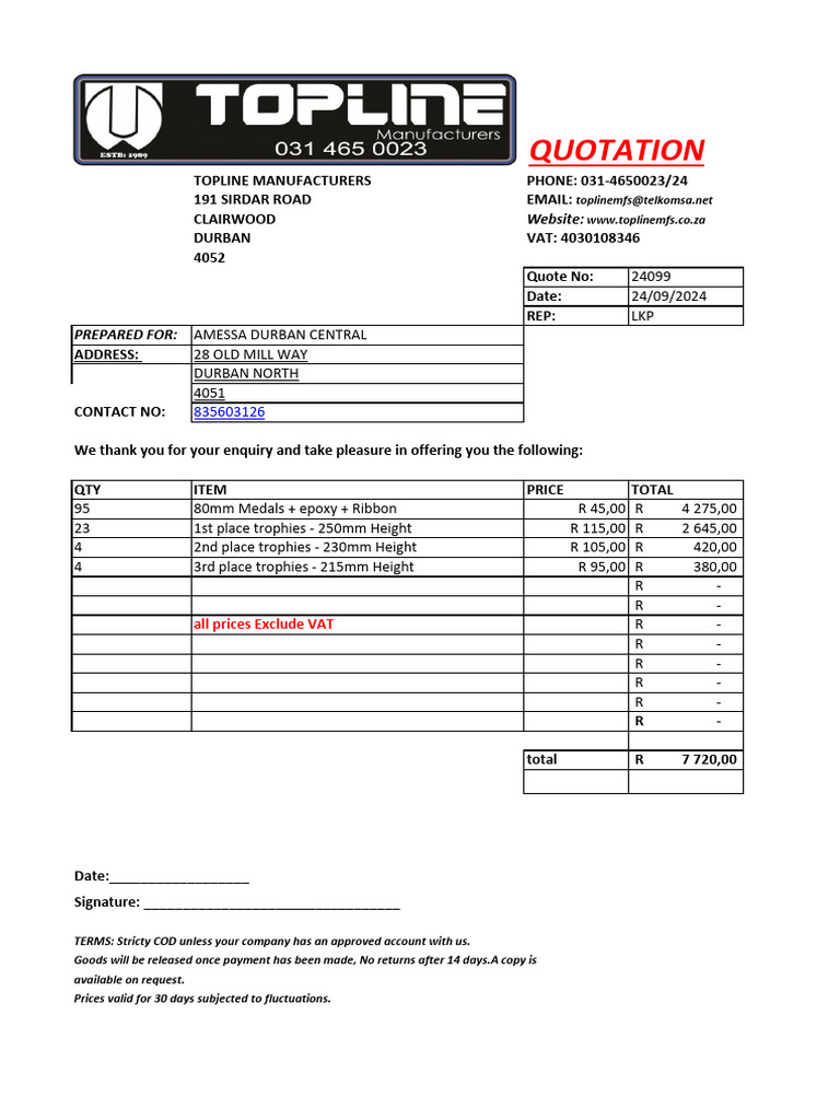 Medals and Trophies Quote Durban | PDF