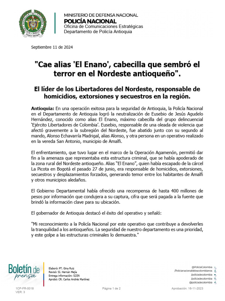 Boletin Abatido Alias El Enano | PDF | Crímenes | Crimen y violencia