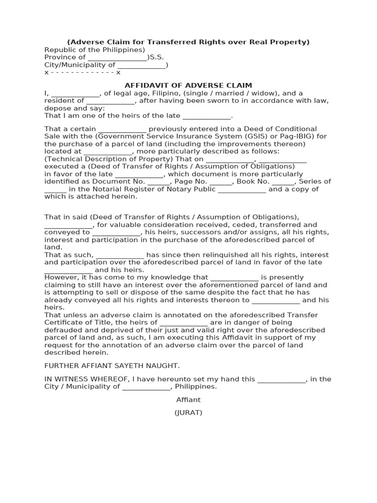Adverse Claim For Transferred Rights Over Real Property | PDF
