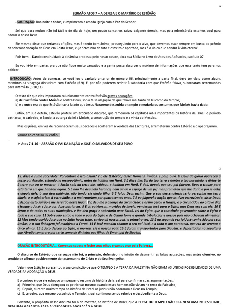 Sermão Atos 7 - A Defesa e o Martírio de Estêvão | PDF