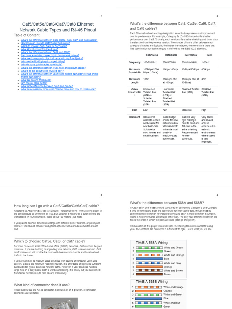 Cat5 - Cat5e - Cat6 - Cat7 - Cat8 Ethernet Network Cable Types and RJ-45 Pinout | PDF