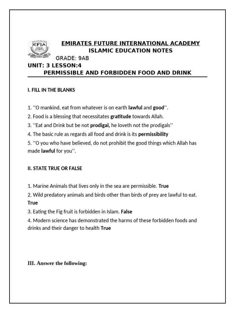 G-9AB (NOTES) 4 Permissible (Halal) and Forbidden (Haram) Food and ...