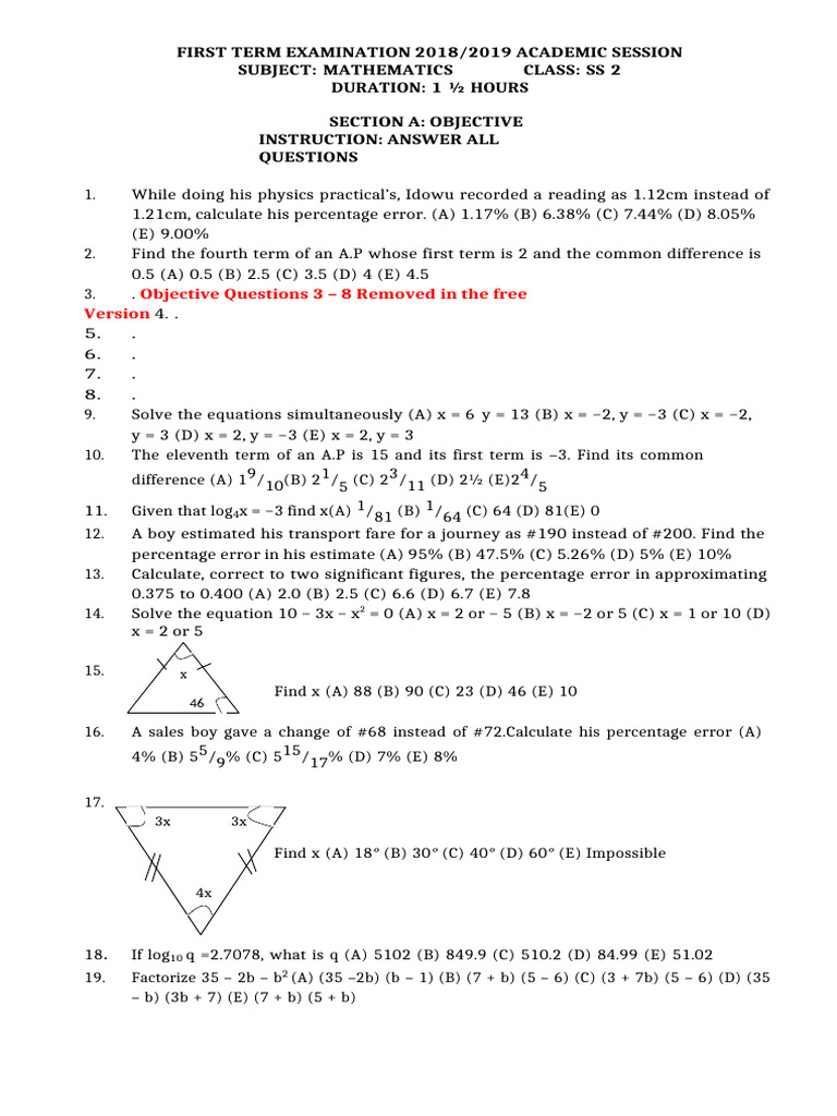 Mathematics Past Questions For Sss Senior Secondary | PDF
