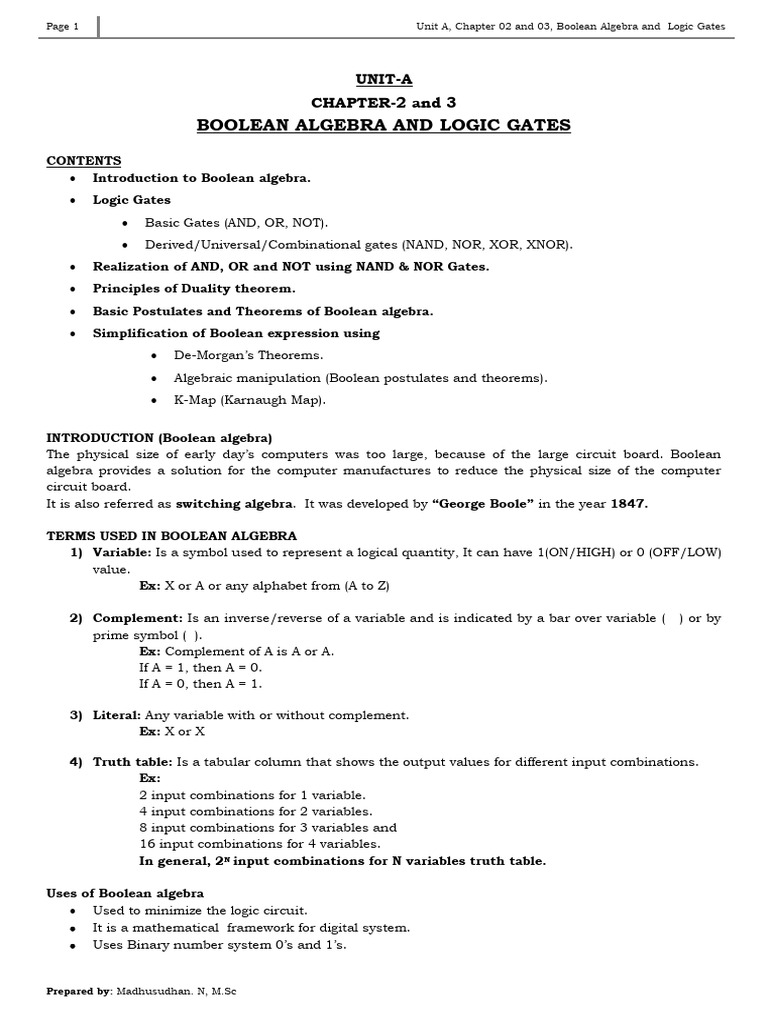 Unit-A, Chapter-02 & 03, Boolean Algebra & Logic Gates | PDF