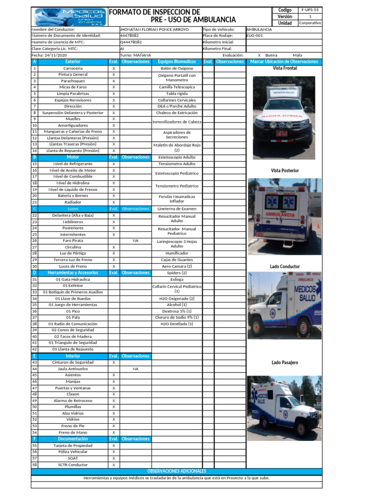 F-UPS-55 Formato de Inspeccion de Pre Uso de Ambulancia | PDF